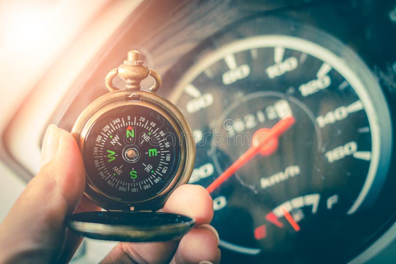 Travel of Tourists with Compass. Compass of Tourists on Mountain Stock ...