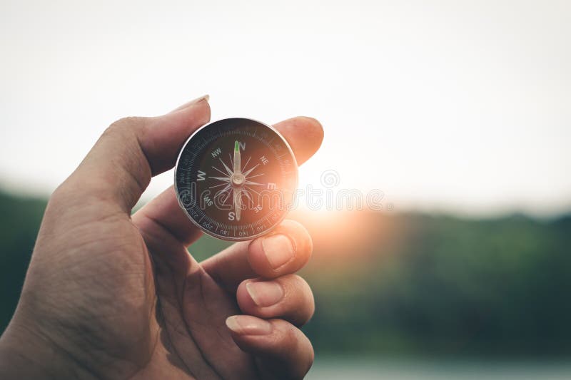 Travel of Tourists with Compass. Compass of Tourists on Mountain Stock ...