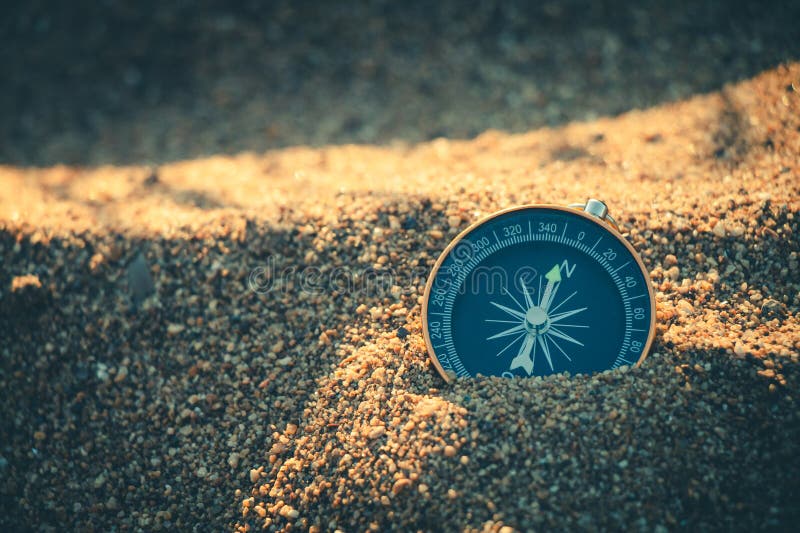 Travel of Tourists with Compass. Compass of Tourists on Sandy Beach ...