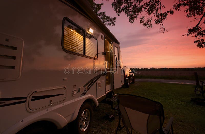 Travel Trailer in Sunset stock image. Image of place - 25162377