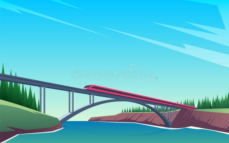 Travel by Train Concept. Train Rides Over the Bridge Stock Illustration ...