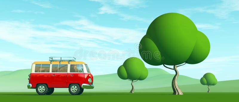 Red Travel Van on Field in Front of Trees. Stock Illustration ...