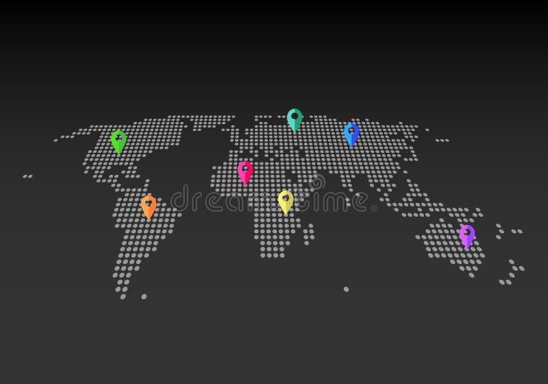 Travel and Transportation Dotted World Map with Color Pointers - Vector ...