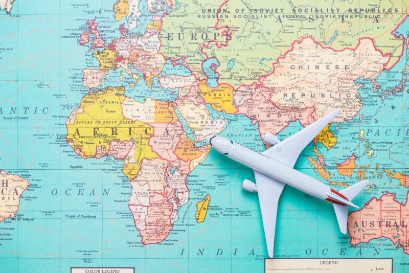 Travel. Trip. Vacation - Top View Airplane with Touristic Map Stock ...