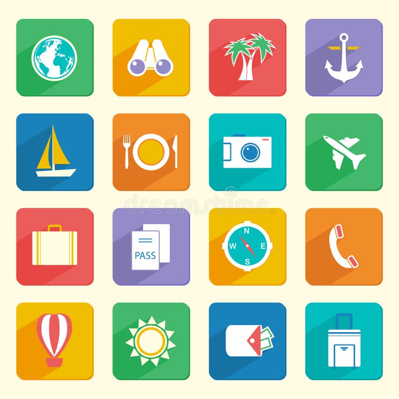 Travel and Vacation Flat Icons Set Stock Vector - Illustration of ...
