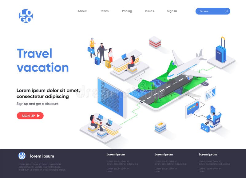 Travel Vacation Isometric Landing Page. Web Solution for Trip Organization, Online Check-in ...