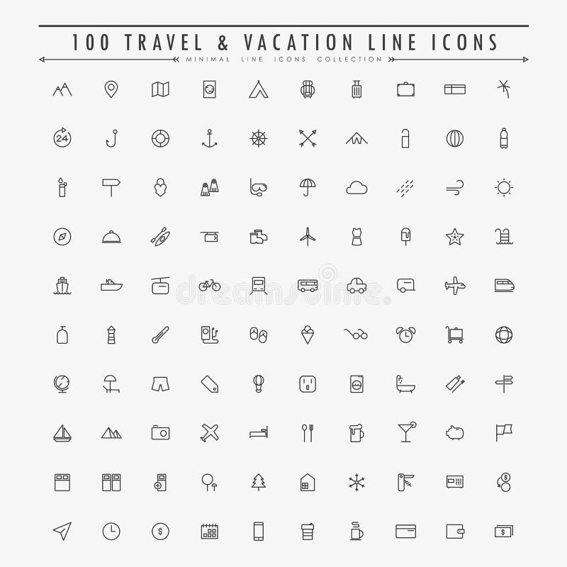 100 Travel and Vacation Minimal Line Icons Collection Stock Vector ...