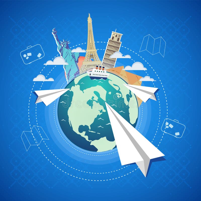 Travel Vector Poster Concept. Abstract Globe with Monuments and Paper ...