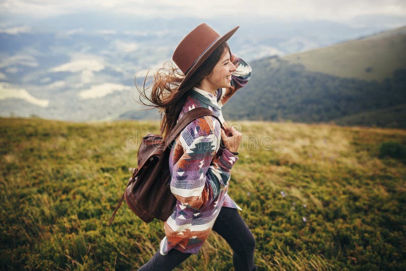 Travel And Wanderlust Concept Stylish Traveler Hipster Girl Holding