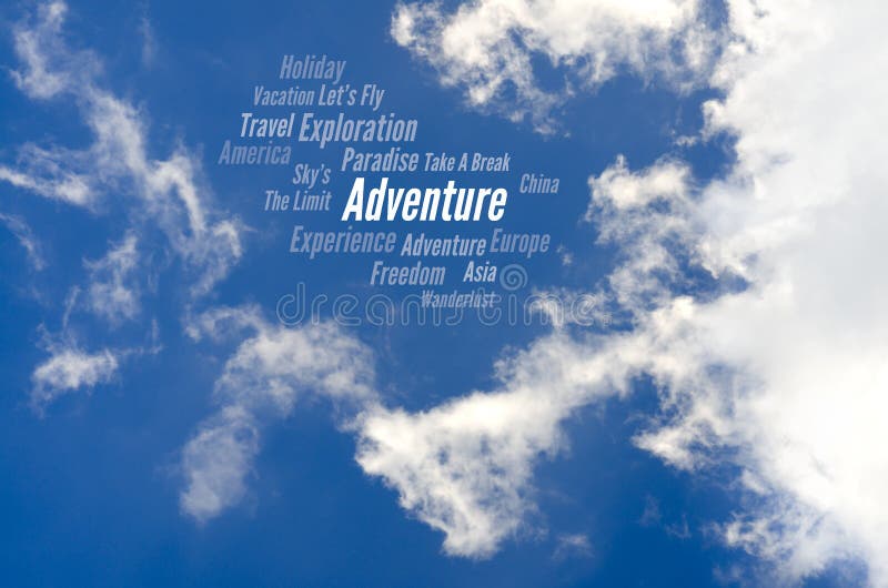 Travel Word Cloud with Blue Sky & Clouds. Stock Image - Image of ...