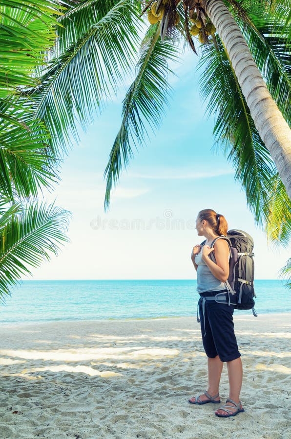 Young Female Backpacker on a Beach Stock Photo - Image of attractive ...