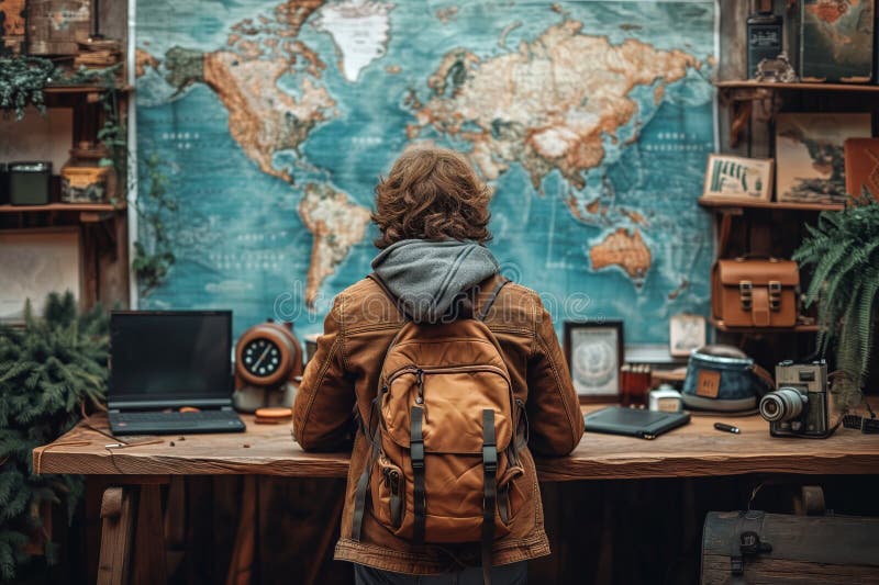 Traveler with Backpack Looking at World Map Stock Illustration ...