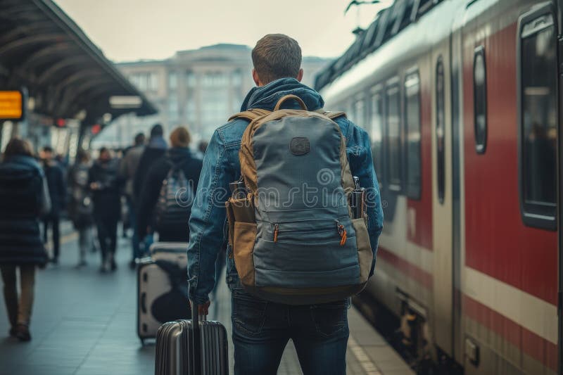 Traveler with Backpack and Suitcase at Train Station Embraces Adventure ...