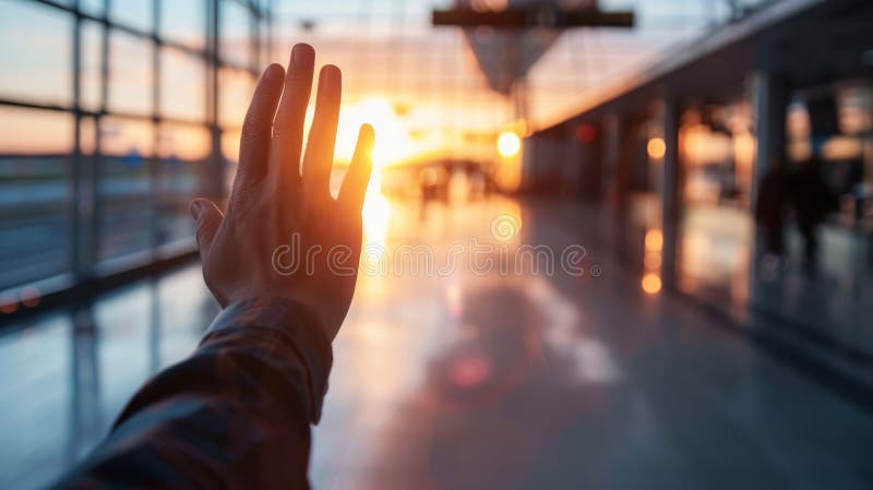 Traveler Bids Farewell in a Bustling Airport Terminal As the Sun Sets ... Traveler Bids Farewell in a Bustling Airport Terminal As the Sun Sets ...
