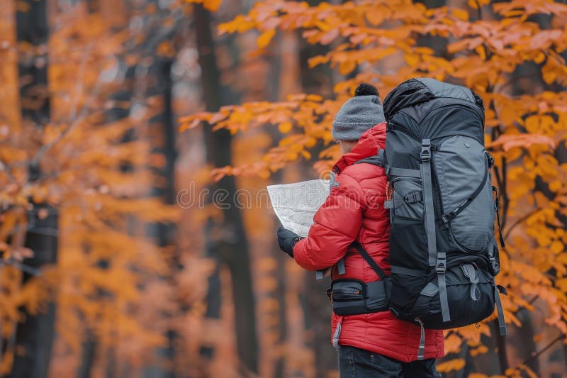 Traveler with Big Backpack Navigates Using Map To Find Direction in ...