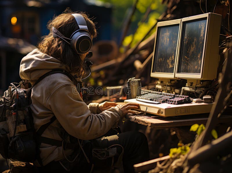 Traveler Connecting Working in Forest. Man Sitting with Old Computer in ...