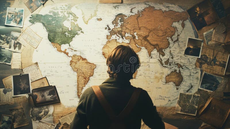 Traveler Exploring a World Map Surrounded by Notes and Photos Stock ...
