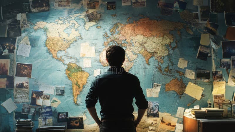 Traveler Exploring a World Map Surrounded by Notes and Photos Stock ...