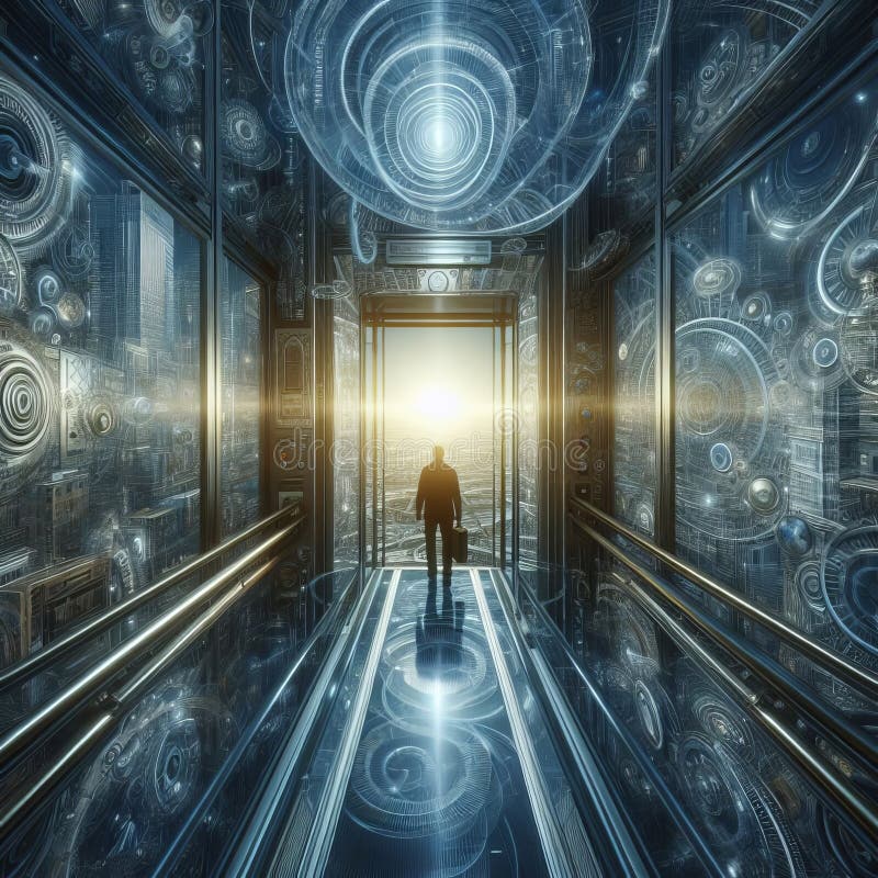 Traveler in a Glass Elevator within a Time Loop a Mi Stock Illustration ...