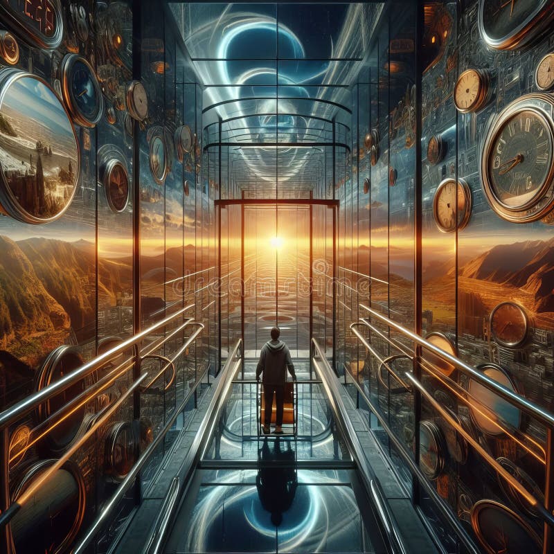 Traveler in a Glass Elevator within a Time Loop a Mi Stock Illustration ...