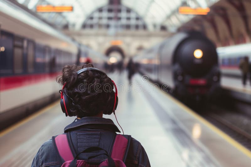 Traveler with Headphones on Highspeed Train Platform Stock Illustration ...
