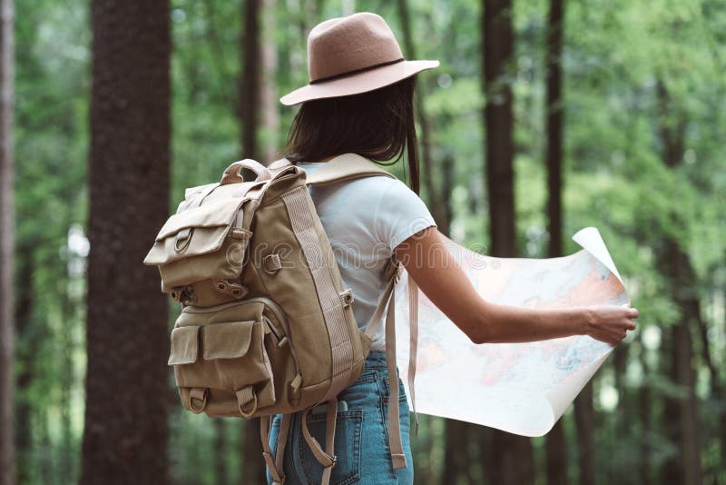 Traveler Hipster Woman in Forest with Backpack Searching Direction on ...