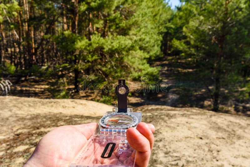 Traveler Looking for the Right Way in a Forest with Compass Stock Image ...