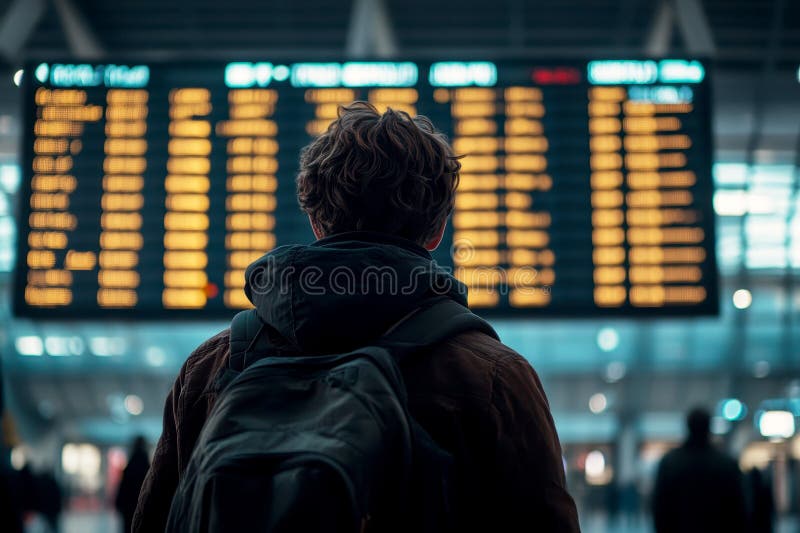 A Traveler Man Looking at Flight Information Display Screen at the ...