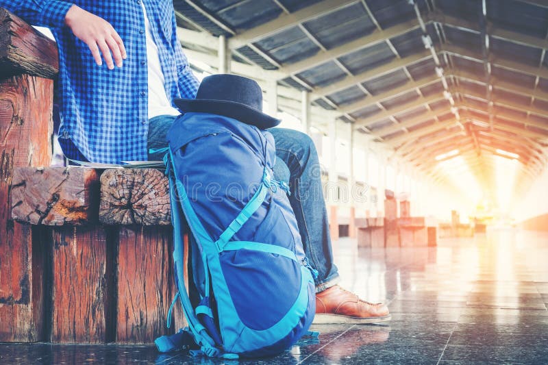 Traveler Man Waits Train on Railway Platform Stock Image - Image of ...