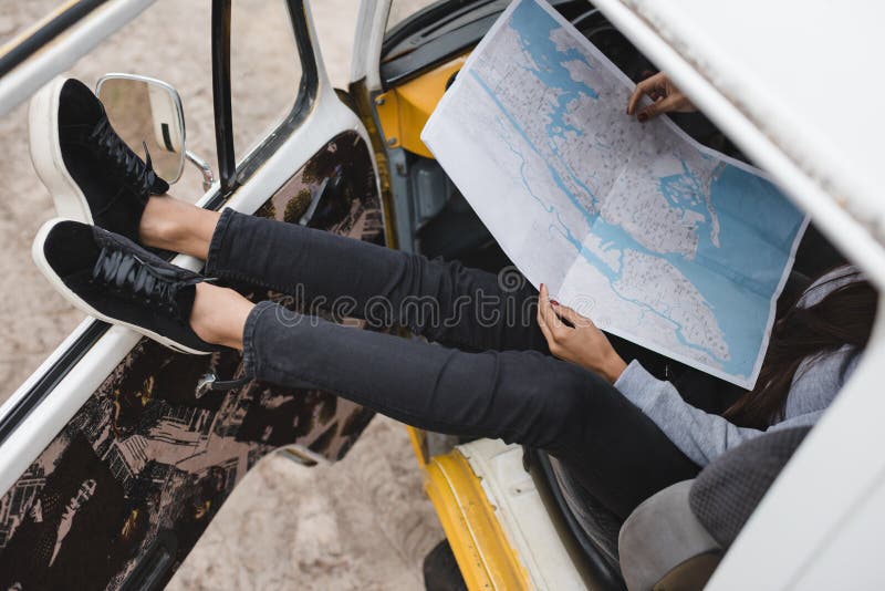 Traveler with Map in Minivan Stock Image - Image of partial, travel ...