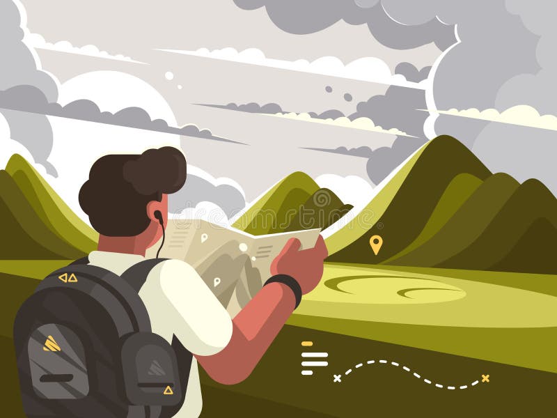 Traveler with Map Planning Route To Mountains Stock Illustration ...
