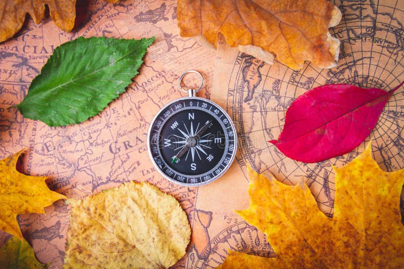 Traveler S Compass on Map in Bright Multi-colored Autumn Leaves ...