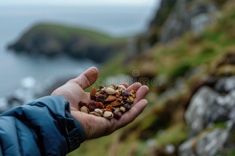Traveler S Hand Holding Trail Mix by Coastal Cliffs Stock Image - Image ...