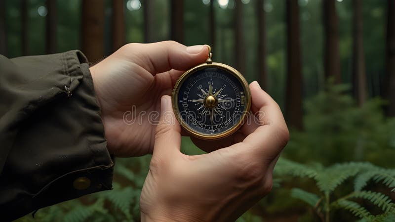 Hand Holding Vintage Compass at Sunset in Mountainous Landscape. Stock ...