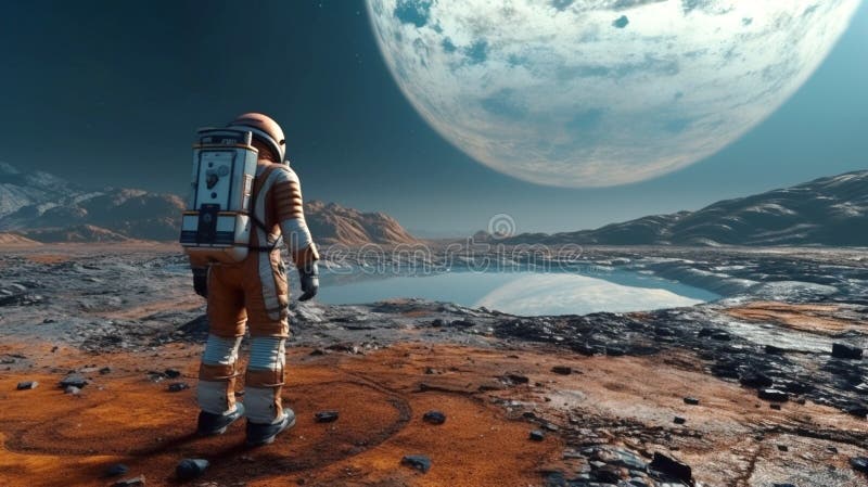 Traveler in Space Suit Explores a Crater on Another Planet, Using ...