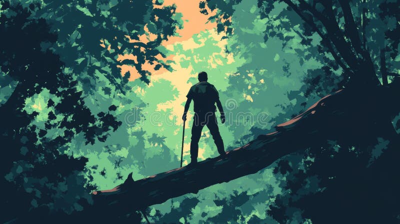 A Traveler Standing on a Fallen Log in the Woods, As Seen in a Modern ...