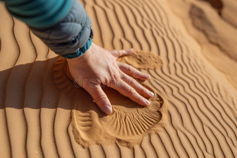 Traveler Touching the Textured Patterns of Desert Sand Up Close Stock ...