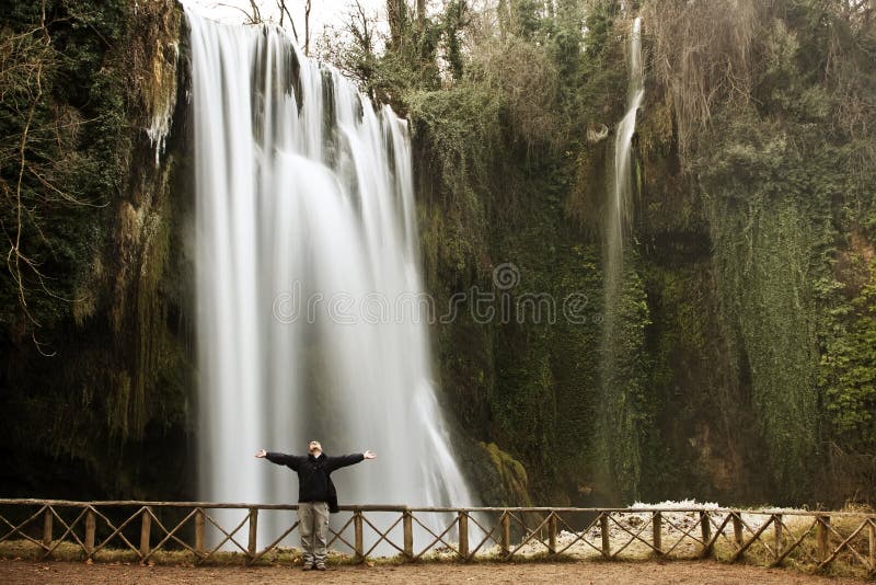 Traveler under waterfall stock photo. Image of fluid, high - 7988484
