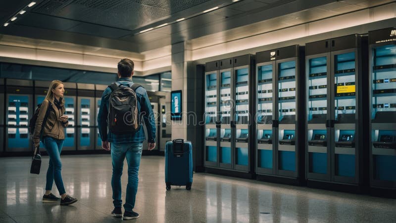 Traveler Using a Locker System in a Contemporary Train Station or ...