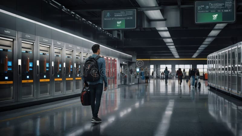 Traveler Using a Locker System in a Contemporary Train Station or ...