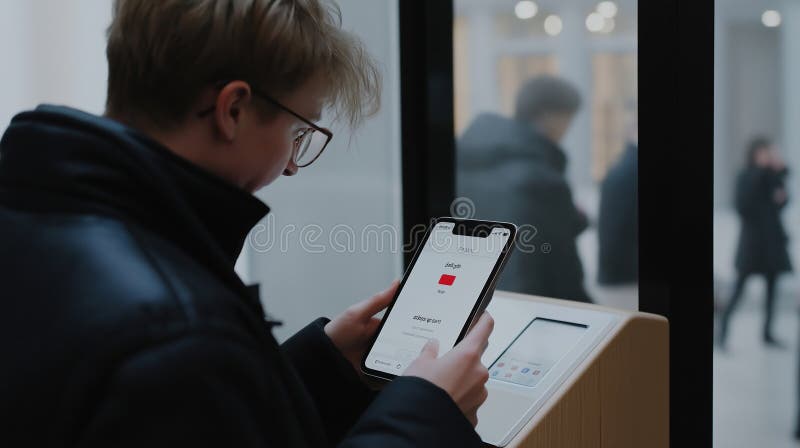 Traveler Using Smartphone for Biometric Verification at Digital Kiosk ...