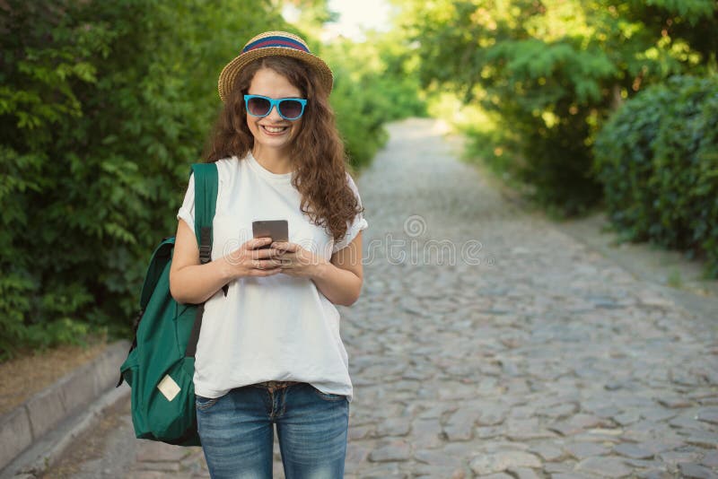 Traveler Using Smartphone on Street Stock Image - Image of cheerful ...