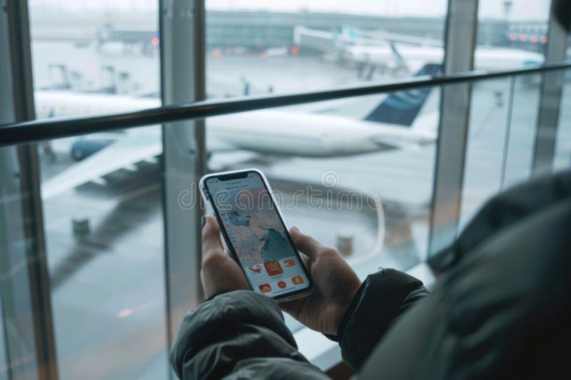 Traveler Using Smartphone To Check Flight Information at Airport ...