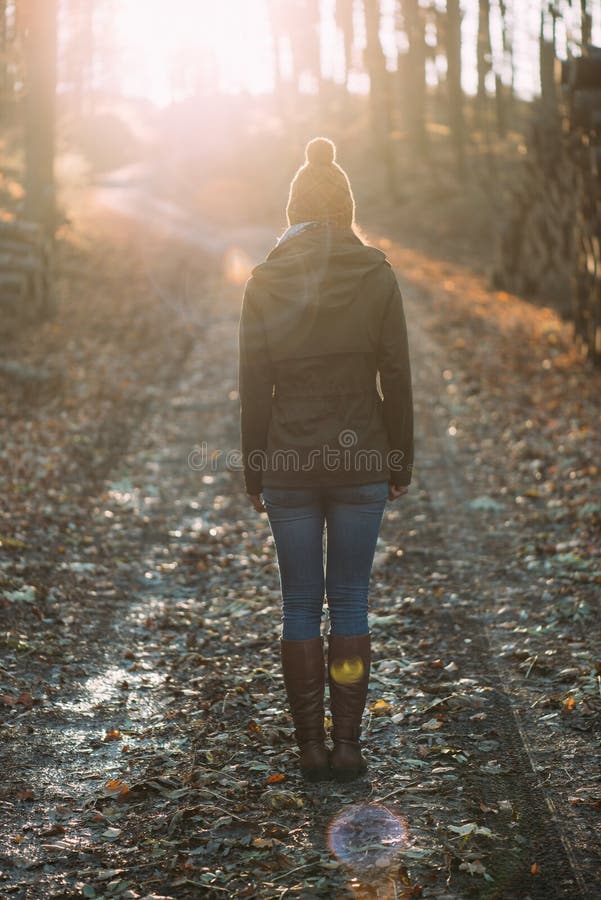 Traveler Woman Walk in Forest Stock Image - Image of caucasian, walk ...