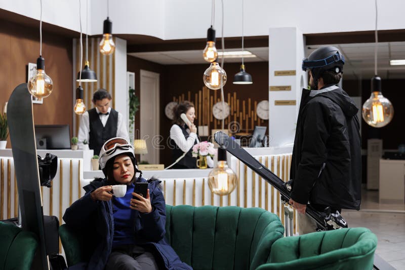 Travelers Arrive and Wait in Hotel Lobby Stock Image - Image of luggage ...