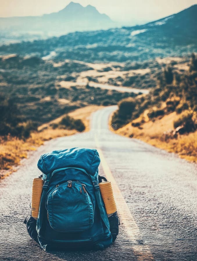 Travelers Backpack on Empty Road Surrounded by Mountains at Sunset in a ...