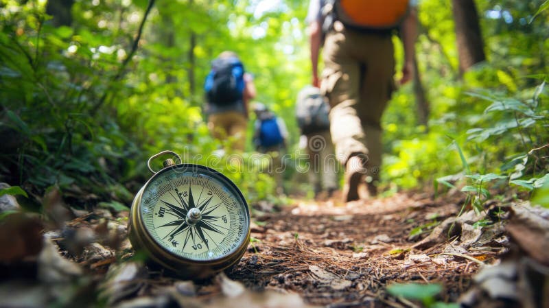 Travelers Navigating the Forest Path Using a Compass As a Guide Stock ...