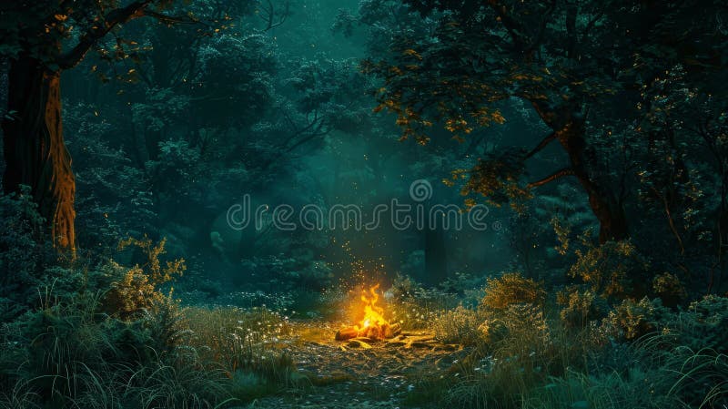 Travelers Share Stories Around Campfire in Eerie Forest Clearing. Stock ...
