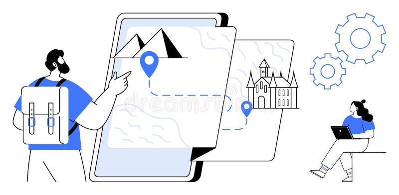 Travelers Using Digital Tablet with Map and Route Planning To Explore ...