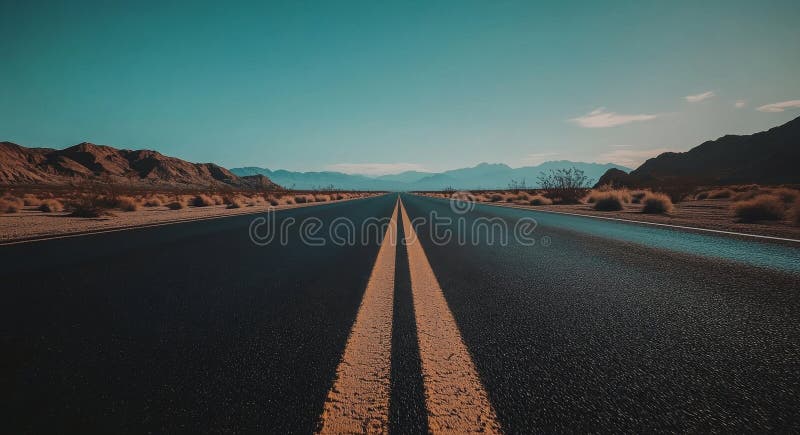 Traveling Along Long Desert Road with a Distant Mountain Range in Sight ...